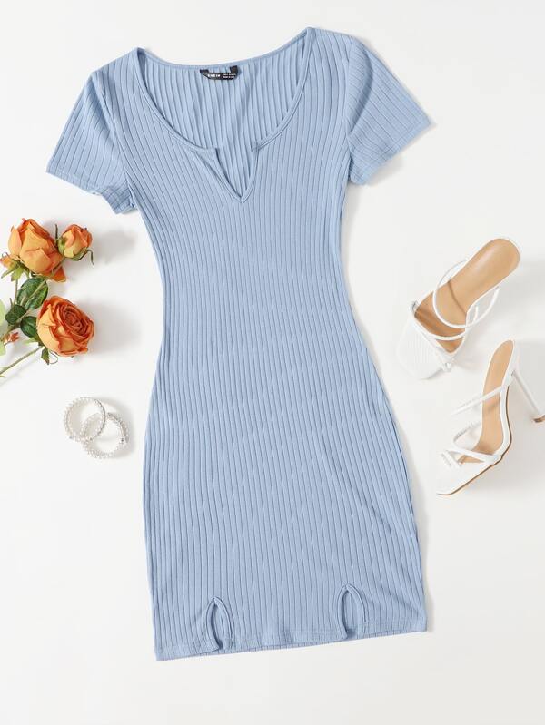 SHEIN Qutie Solid Notched Neck Rib-knit Dress | SHEIN USA