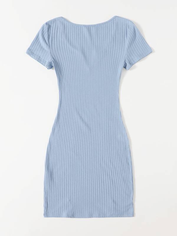 SHEIN Qutie Solid Notched Neck Rib-knit Dress | SHEIN USA