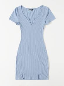 SHEIN Qutie Solid Notched Neck Rib-knit Dress | SHEIN USA