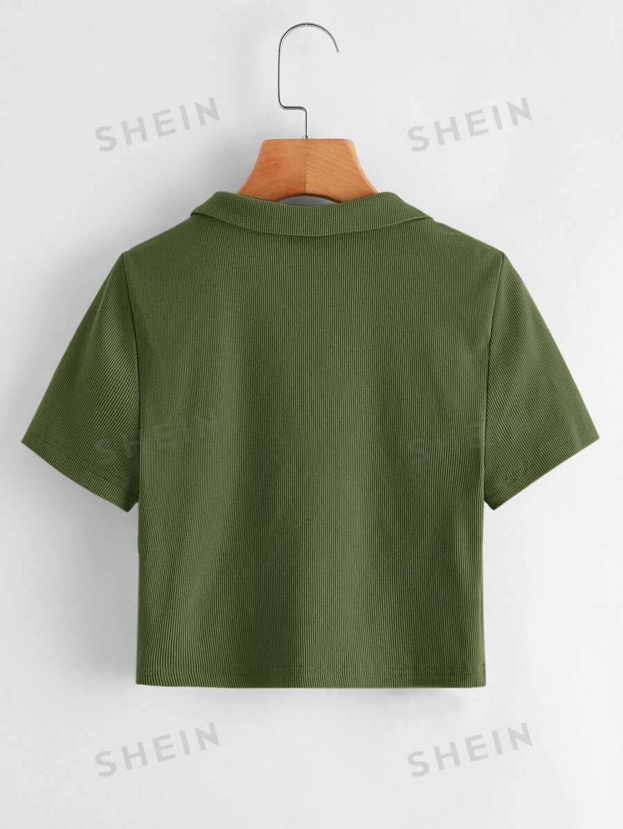 Shein Ezwear Collared V Neck Rib Knit Tee Shein Usa