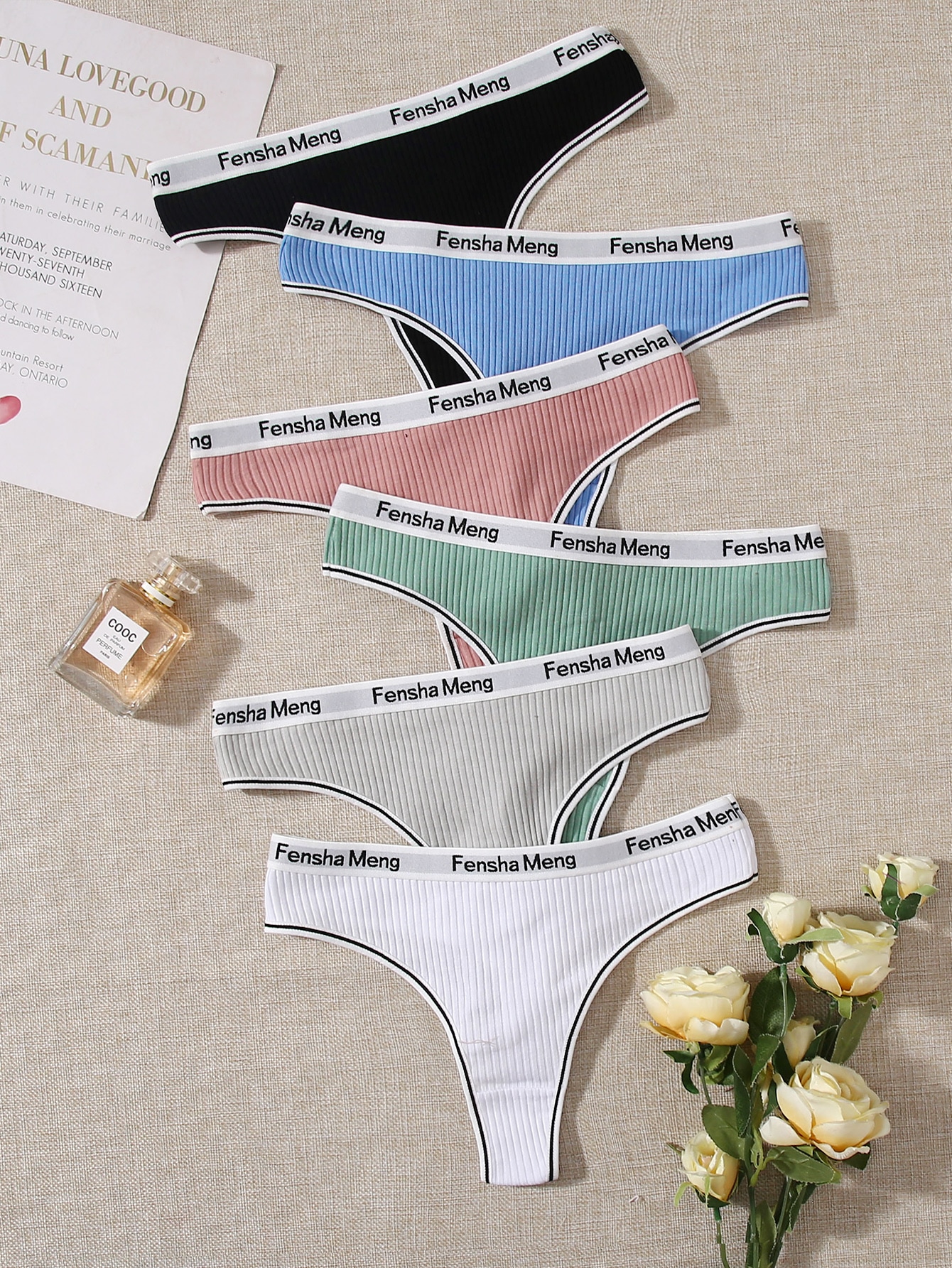 6pack Rib Letter Tape Thong Set