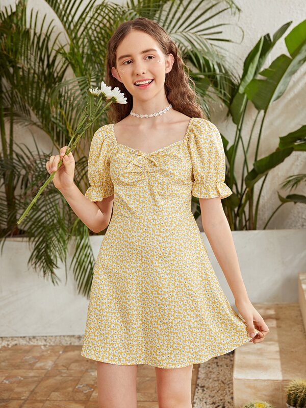 Shein Teen Girls Sweetheart Neck Puff Sleeve Ditsy Floral Milkmaid