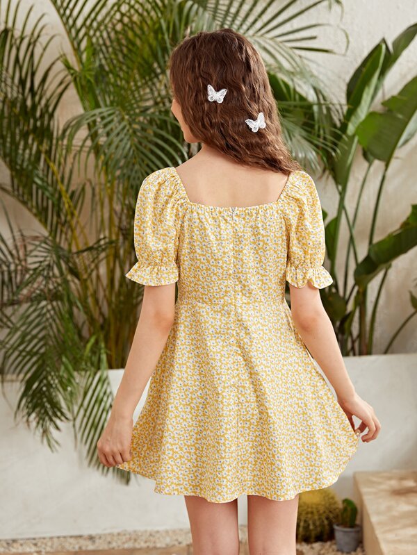 Shein Teen Girls Sweetheart Neck Puff Sleeve Ditsy Floral Milkmaid
