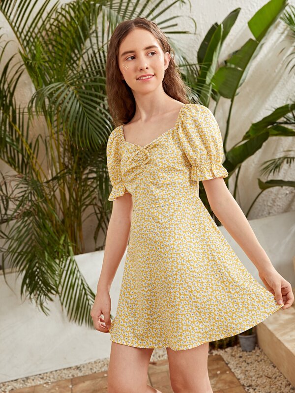 Shein Teen Girls Sweetheart Neck Puff Sleeve Ditsy Floral Milkmaid 