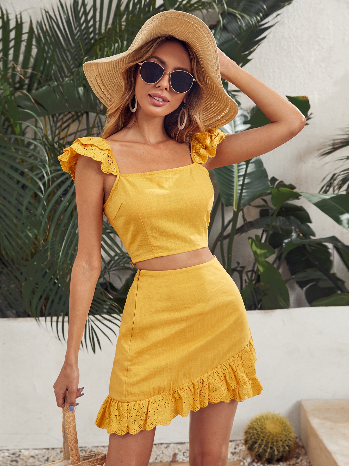Schiffy Ruffle Armhole Crop Top & Wrap Hem Skirt Set