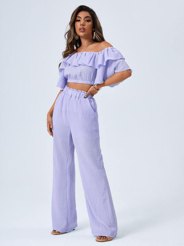 Shein Privé Off Shoulder Crop Top And Paperbag Waist Pants Set Shein Usa