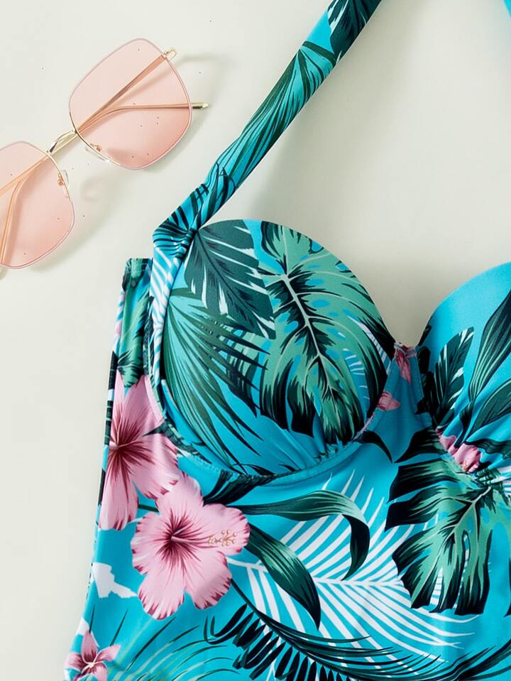 Floral & Tropical Push Up Halter Bikini Swimsuit | SHEIN UK