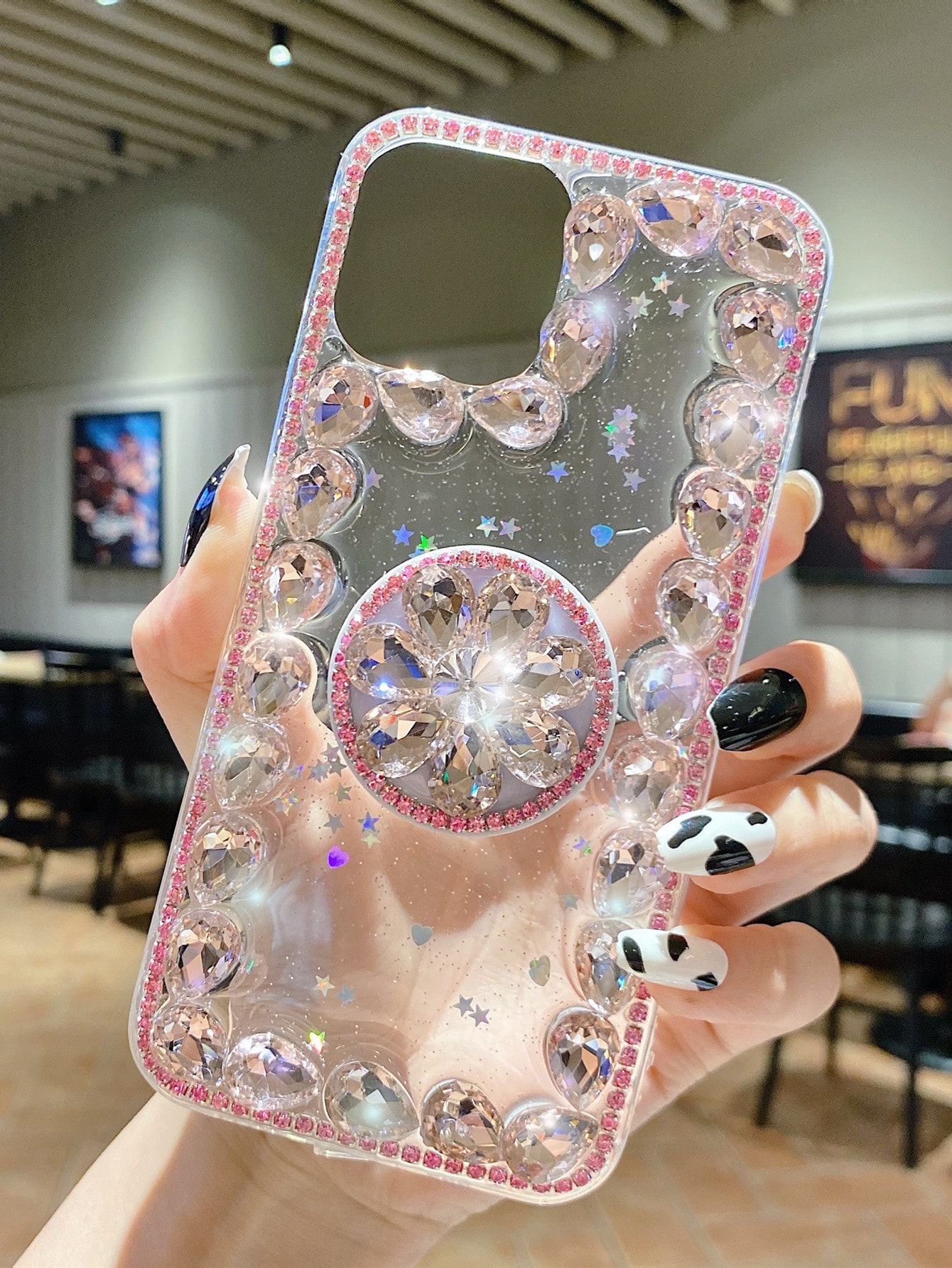 Rhinestone Decor Phone Case With Stand-Out Phone Grip