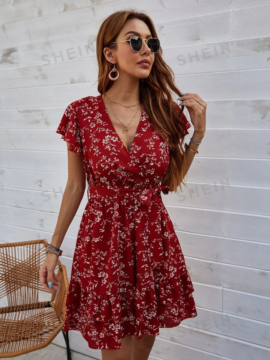 SHEIN LUNE Ditsy Floral Wrap Belted A-line Dress | SHEIN UK
