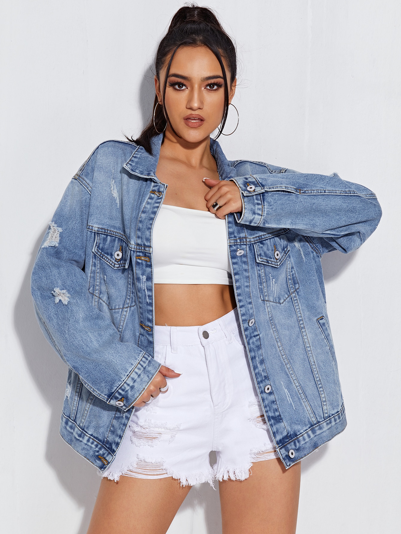 Ripped Detail Drop Shoulder Denim Jacket