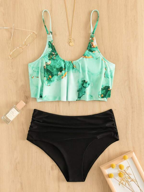 Shein Swim Vcay Ensemble De Tankini à Imprimé Marbré Fluide Top à Fines