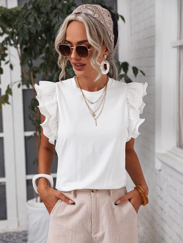 Shein Clasi Schiffy Ruffle Armhole Solid Top Shein Usa