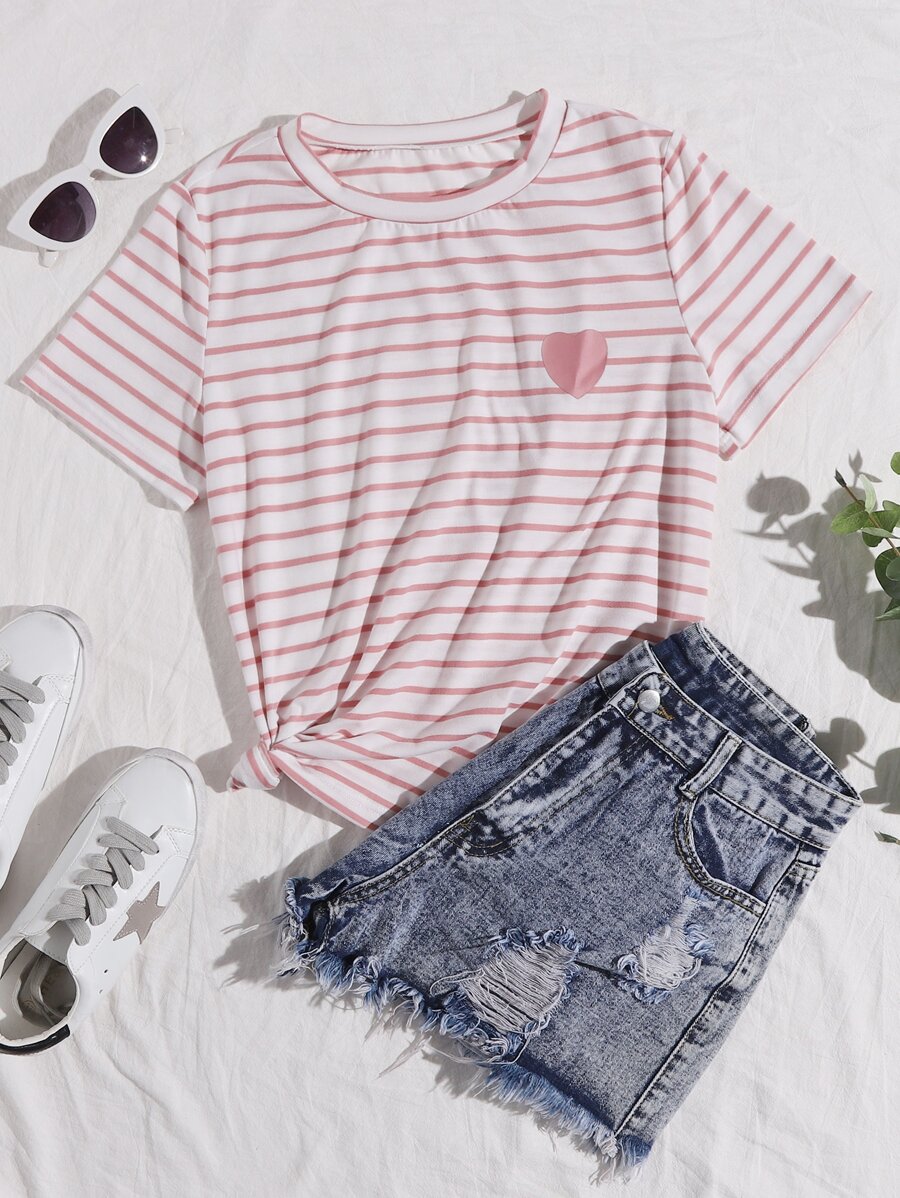 Plus Heart Print Striped Tee | SHEIN USA