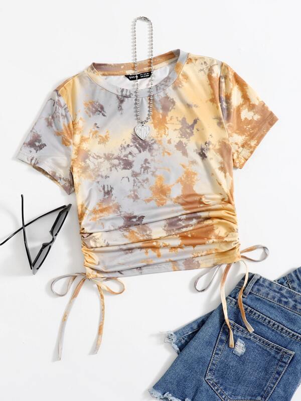 SHEIN EZwear Tie Dye Drawstring Ruched Side Tee | SHEIN USA