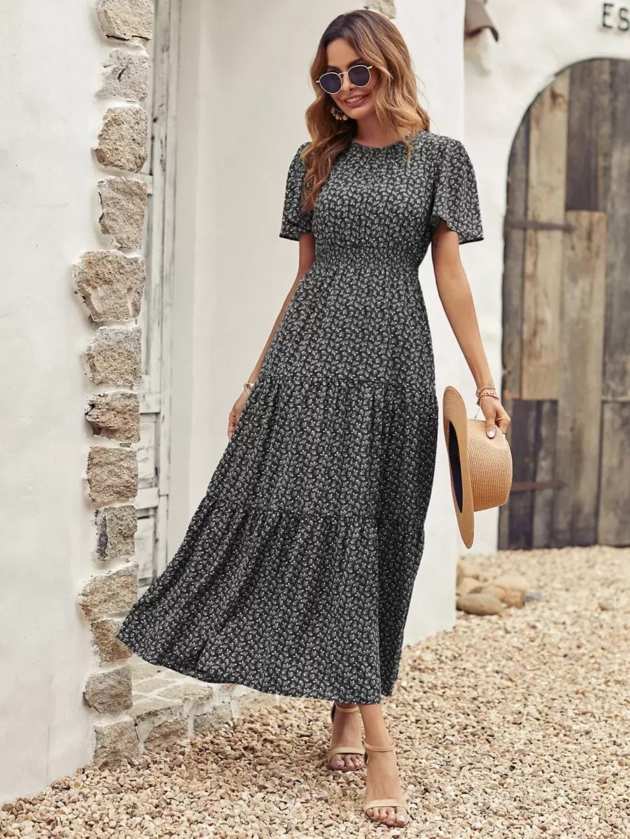 Breezaya Ditsy Floral Print Shirred Waist Ruffle Hem Dress | SHEIN USA