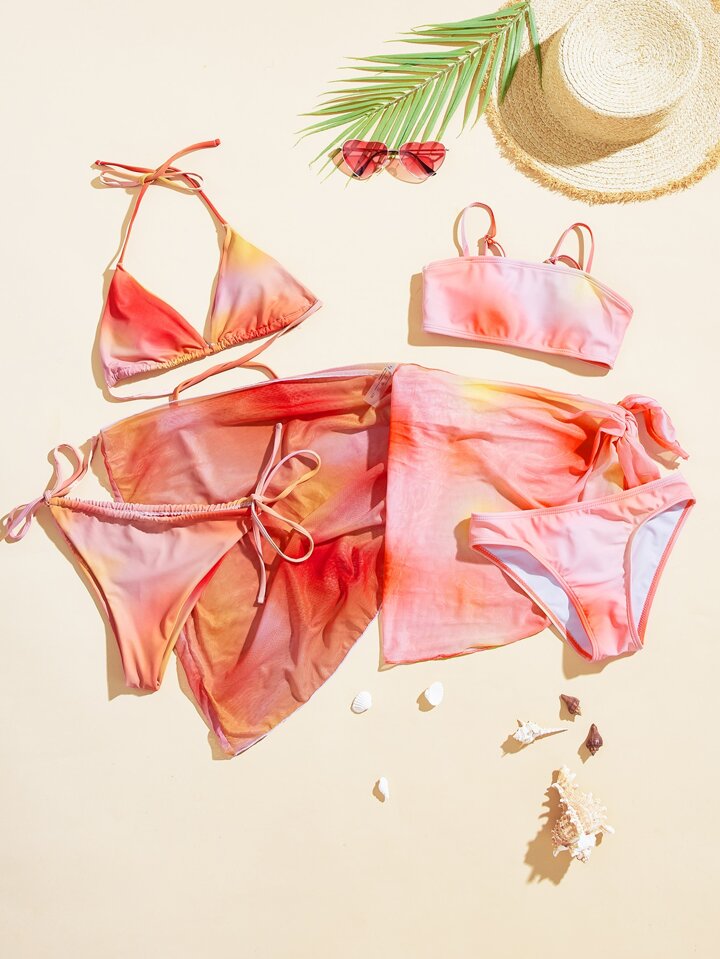 Ombre Bikini Set Halter Triangle Bikini Top & Tie Side Bikini Bottom ...
