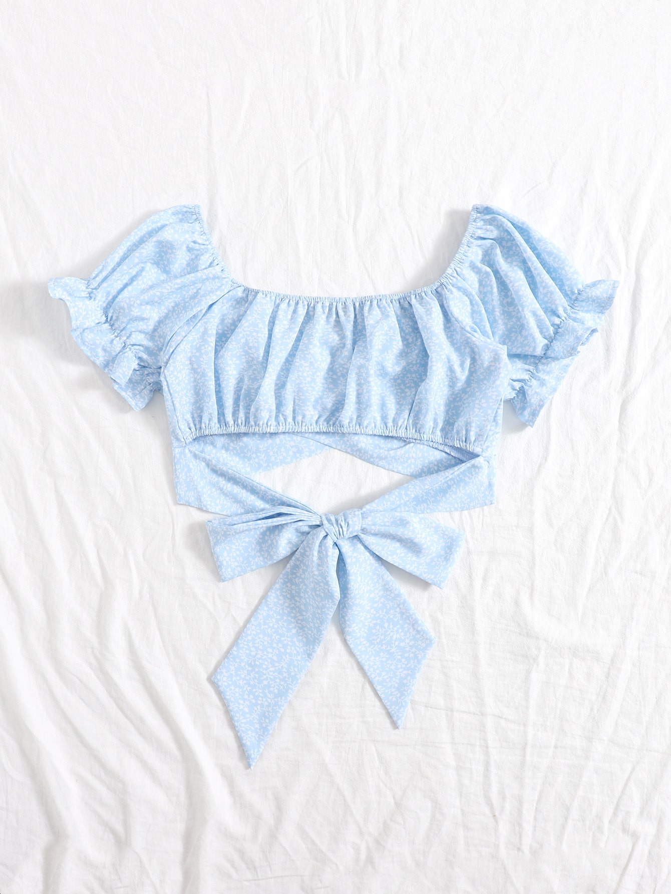 SHEIN WYWH Plants Print Tie Waist Puff Sleeve Top | SHEIN UK