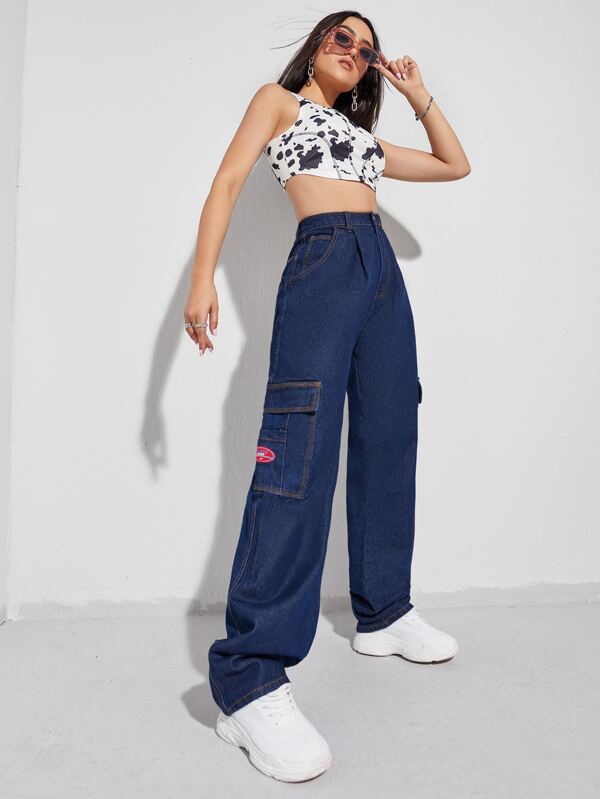 SHEIN EZwear Patched Detail Flap Pocket Wide Leg Jeans | SHEIN UK
