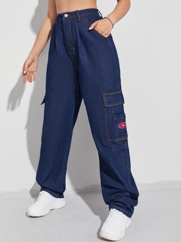 SHEIN EZwear Patched Detail Flap Pocket Wide Leg Jeans | SHEIN UK