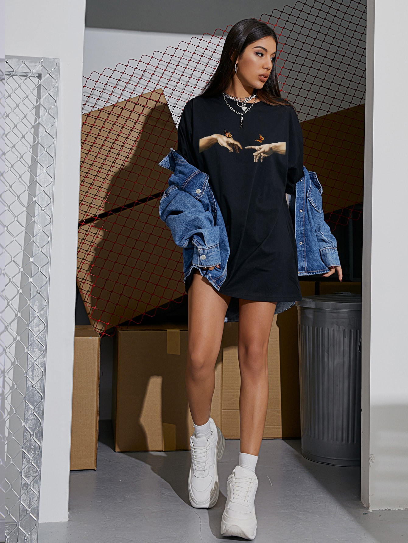 SHEIN Coolane Hand And Butterfly Print Drop Shoulder Oversized Tee ...