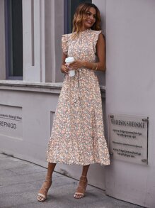 Floral Print Belted Ruffle Trim Dress | SHEIN UK