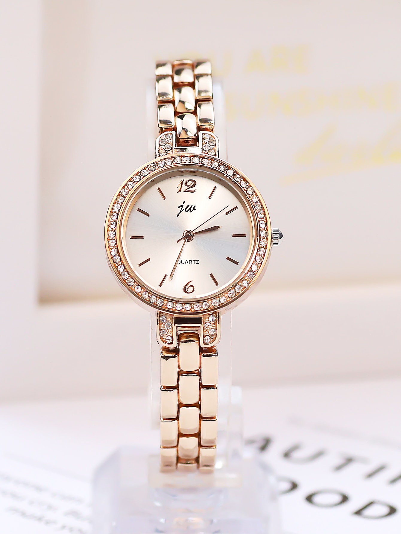 Rhinestone Decor Round Pointer Quartz Watch