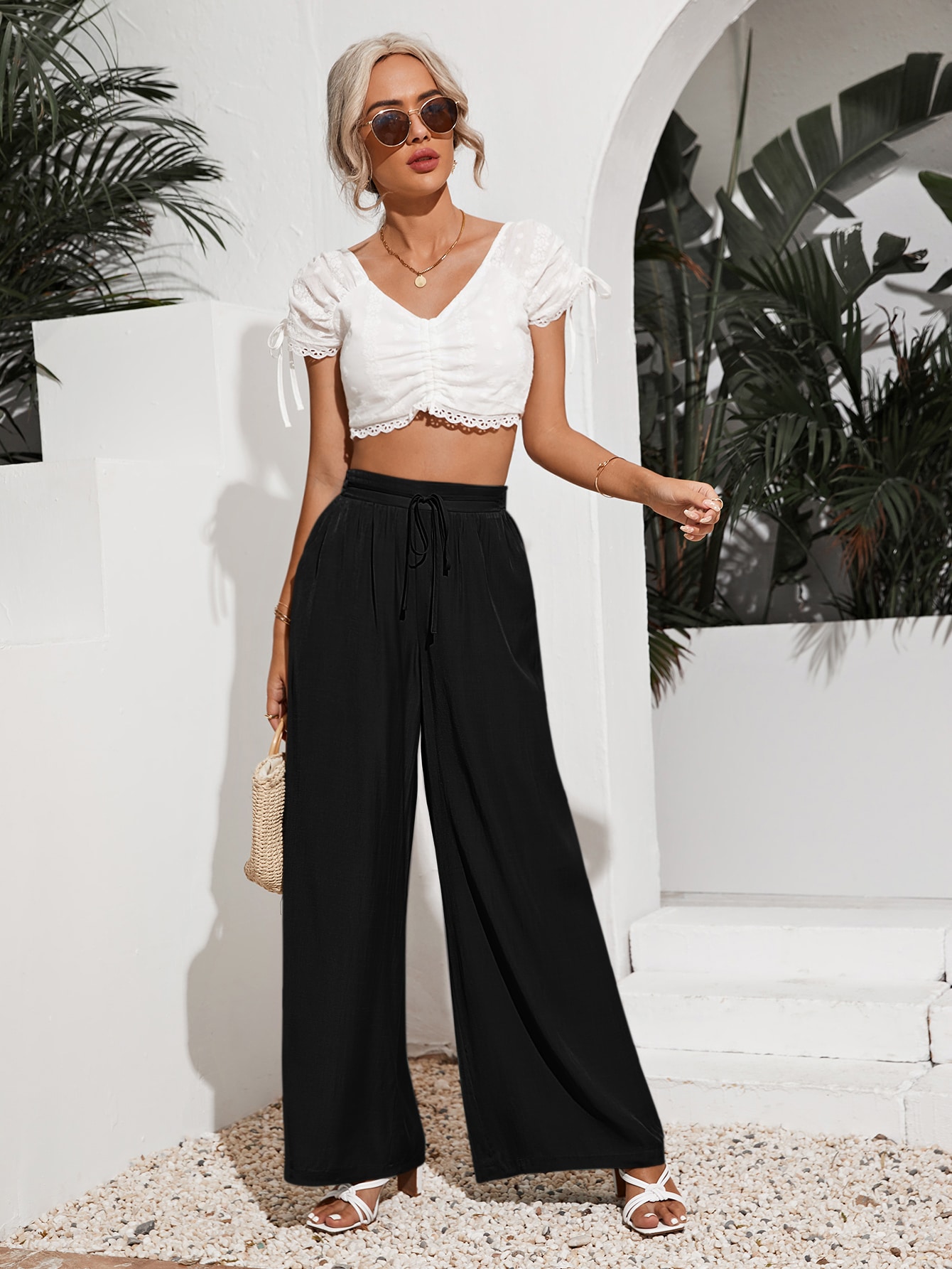 SHEIN Frenchy Solid Wide Leg Tie Front Pants | SHEIN USA