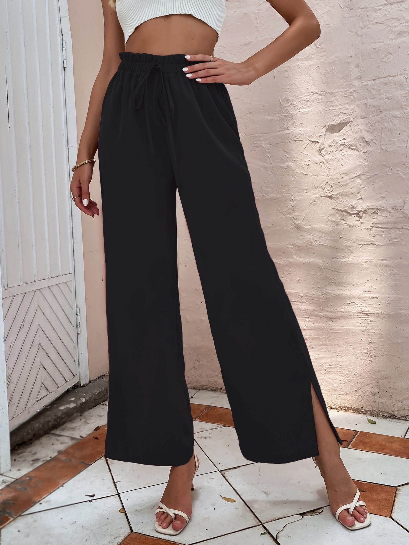 Tie Front Split Side Pants | SHEIN USA