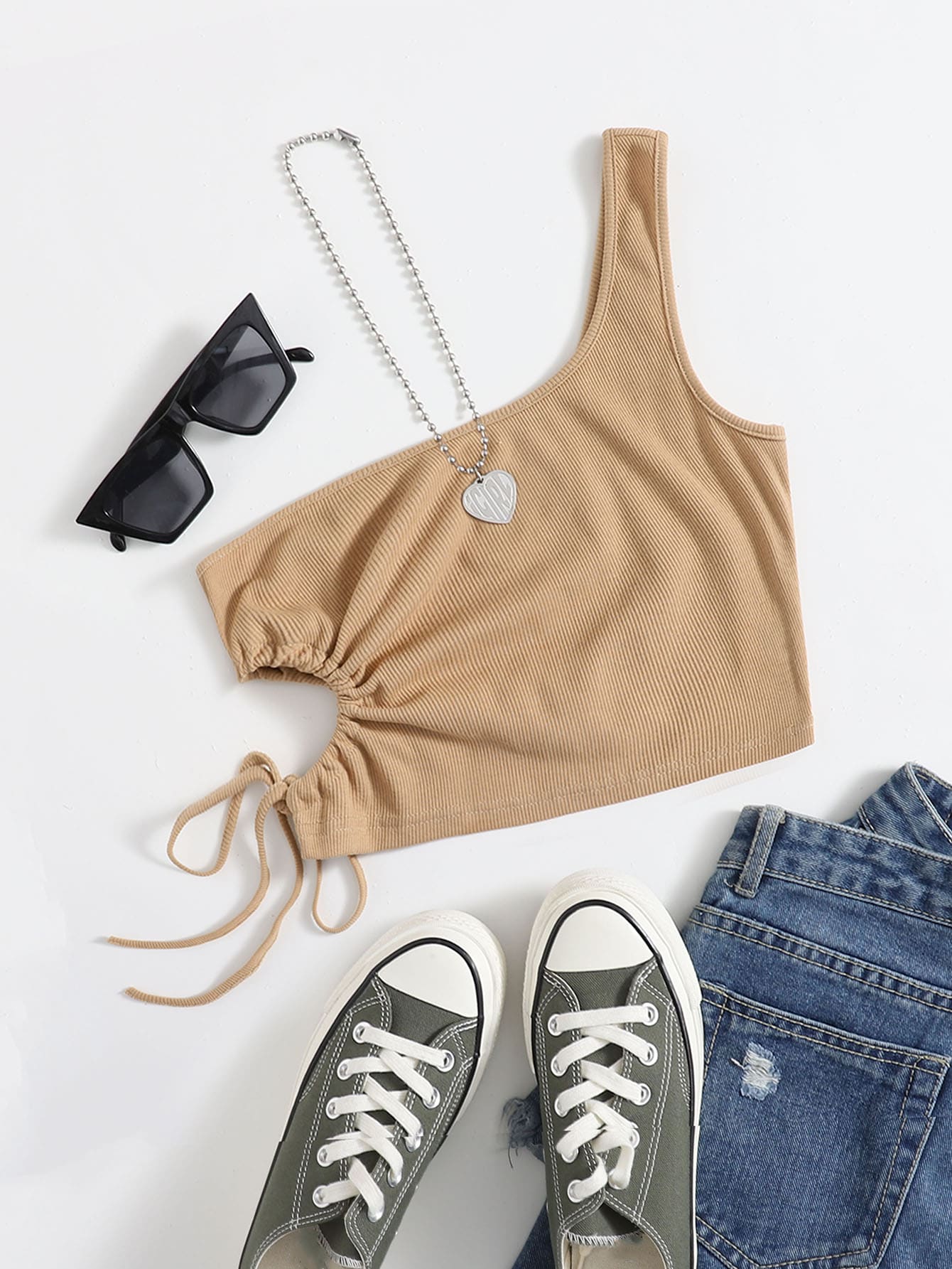 One Shoulder Cutout Drawstring Top