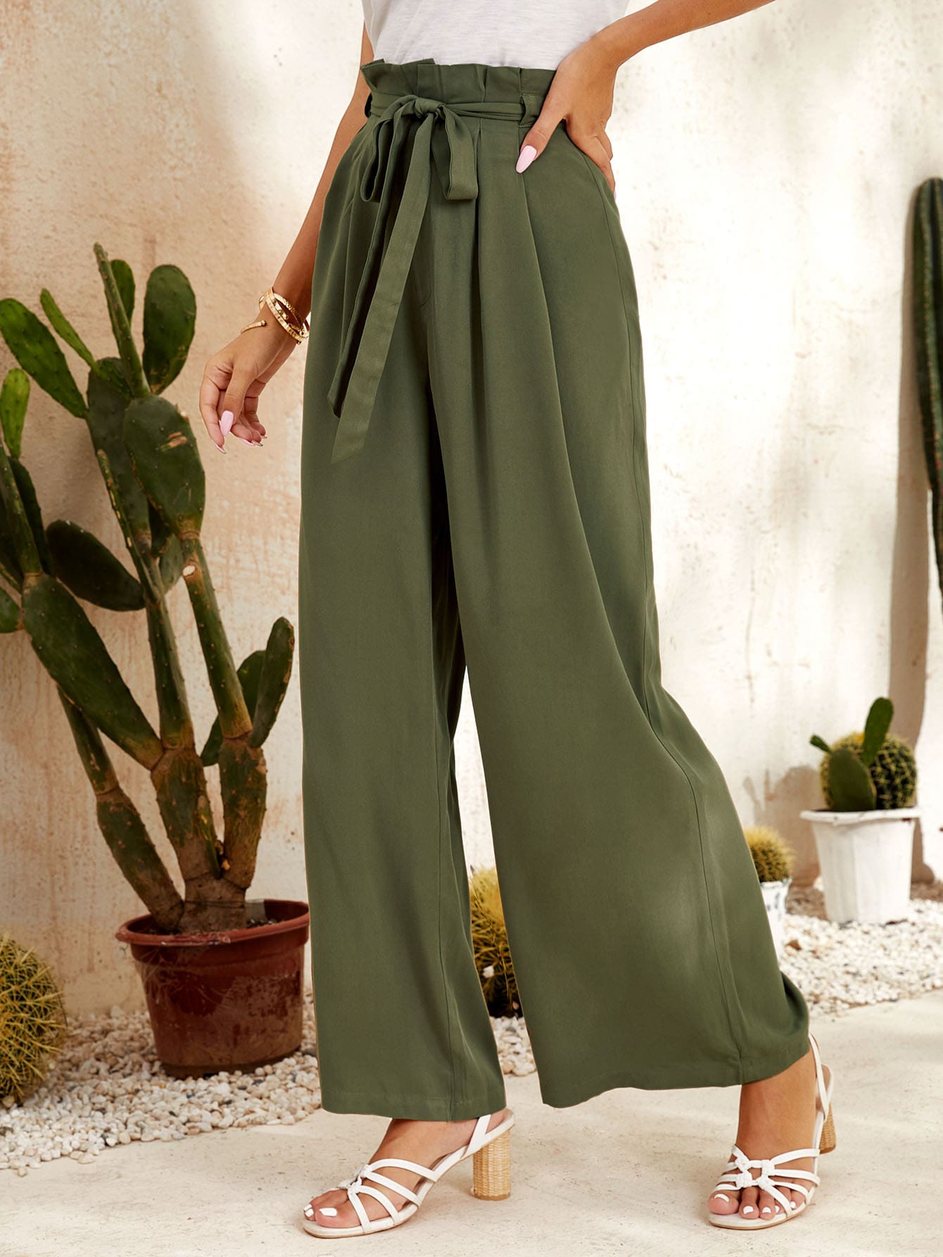 SHEIN Paperbag Waist Belted Wide Leg Pants | SHEIN USA