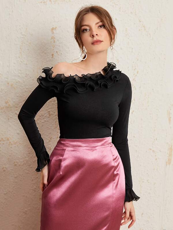 Shein Asymmetrical Neck Ruffle Trim Solid Top Shein Usa