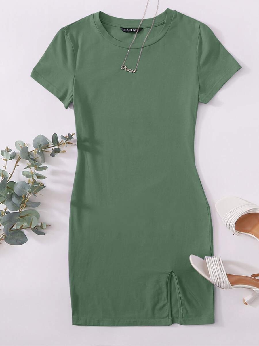 SHEIN EZwear Solid Split Hem T-Shirt Dress | SHEIN USA