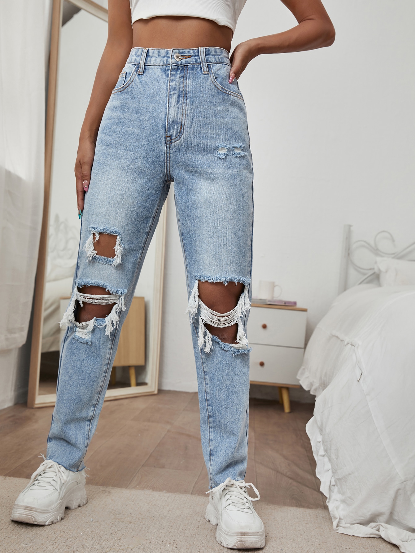 High Waist Light Wash Ripped Jeans