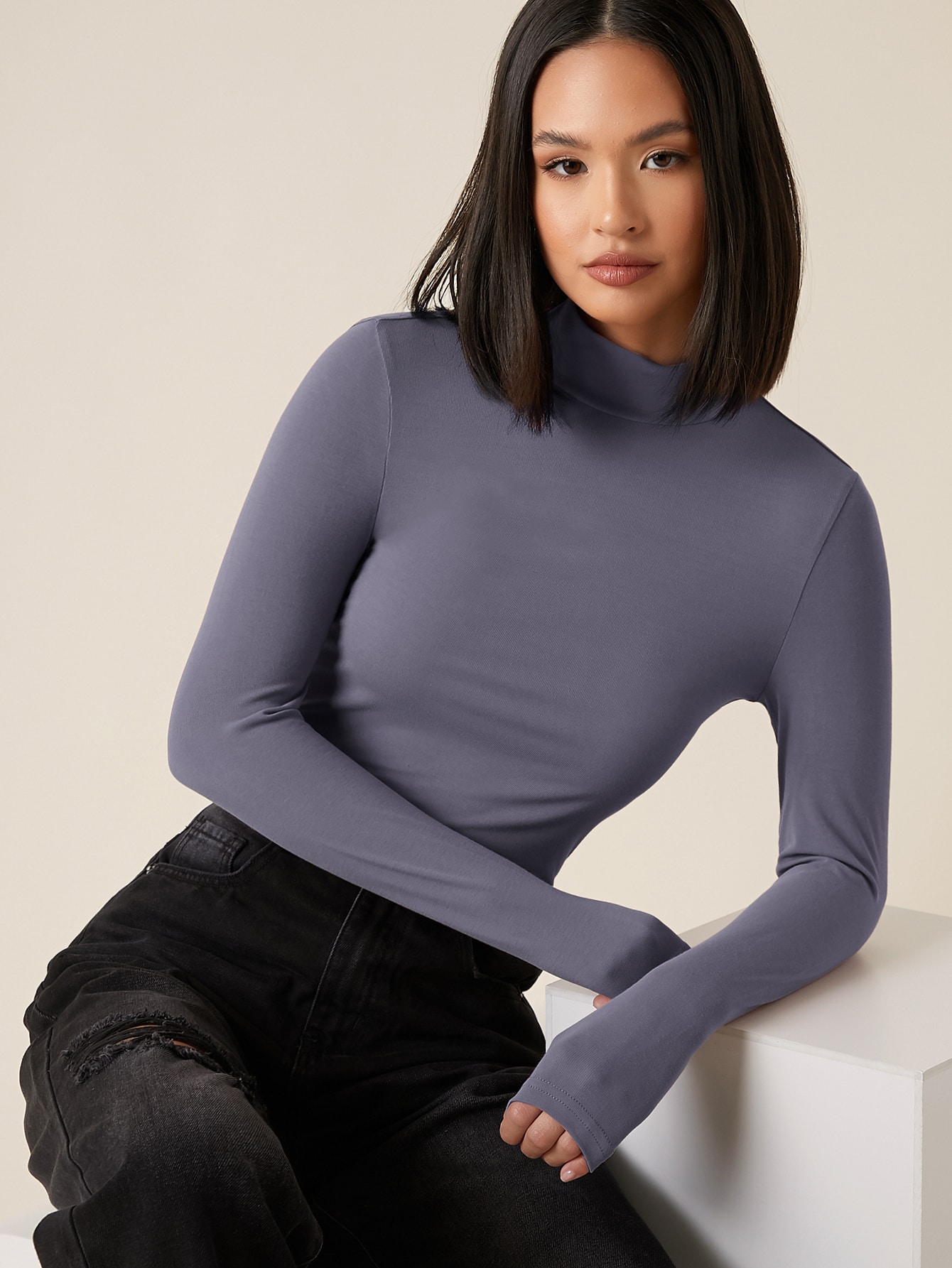 High Neck Solid Fitted Tee