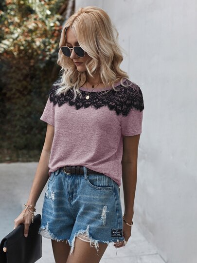 Search Pink-Contrast-Raglan-Sleeve-V-Neck-T-shirt | SHEIN USA