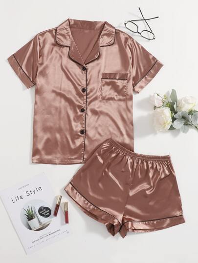 Contrast Binding Satin PJ Set | SHEIN USA