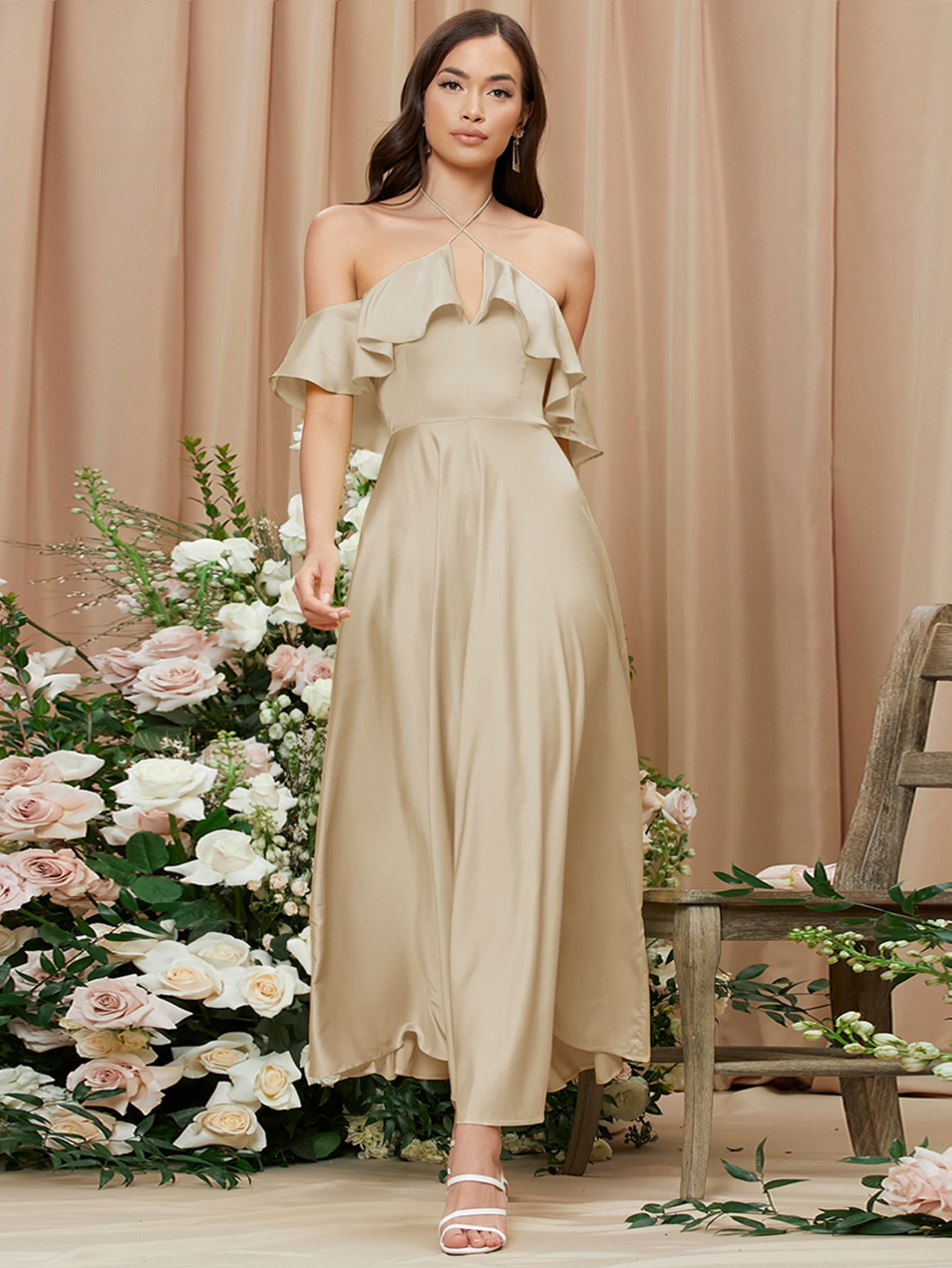 Halter Off Shoulder Ruffle Detail Satin Dress