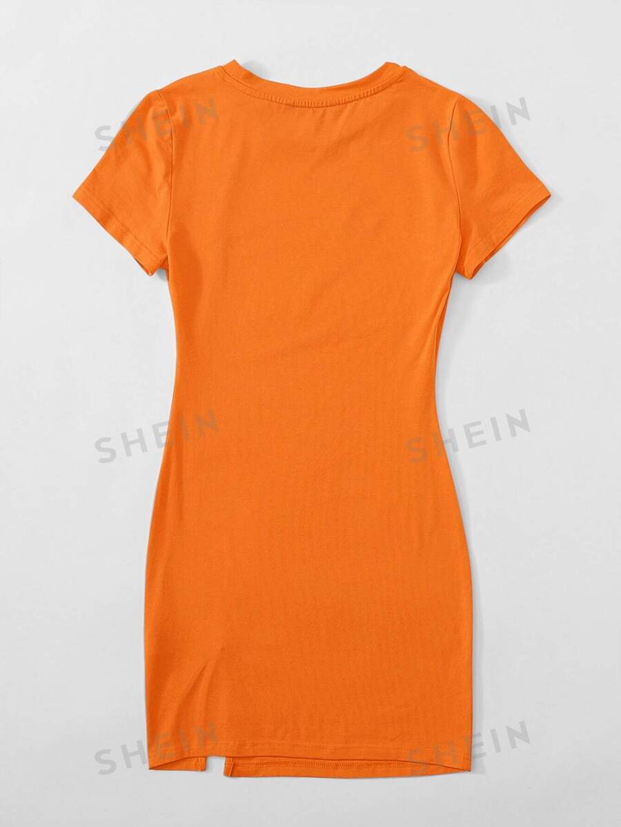 SHEIN EZwear Neon Orange Split Hem T-Shirt Dress | SHEIN USA