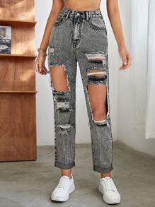 SHEIN EZwear High Waist Ripped Mom Jeans Without Belt | SHEIN USA