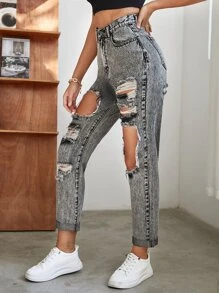 SHEIN EZwear High Waist Ripped Mom Jeans Without Belt | SHEIN USA