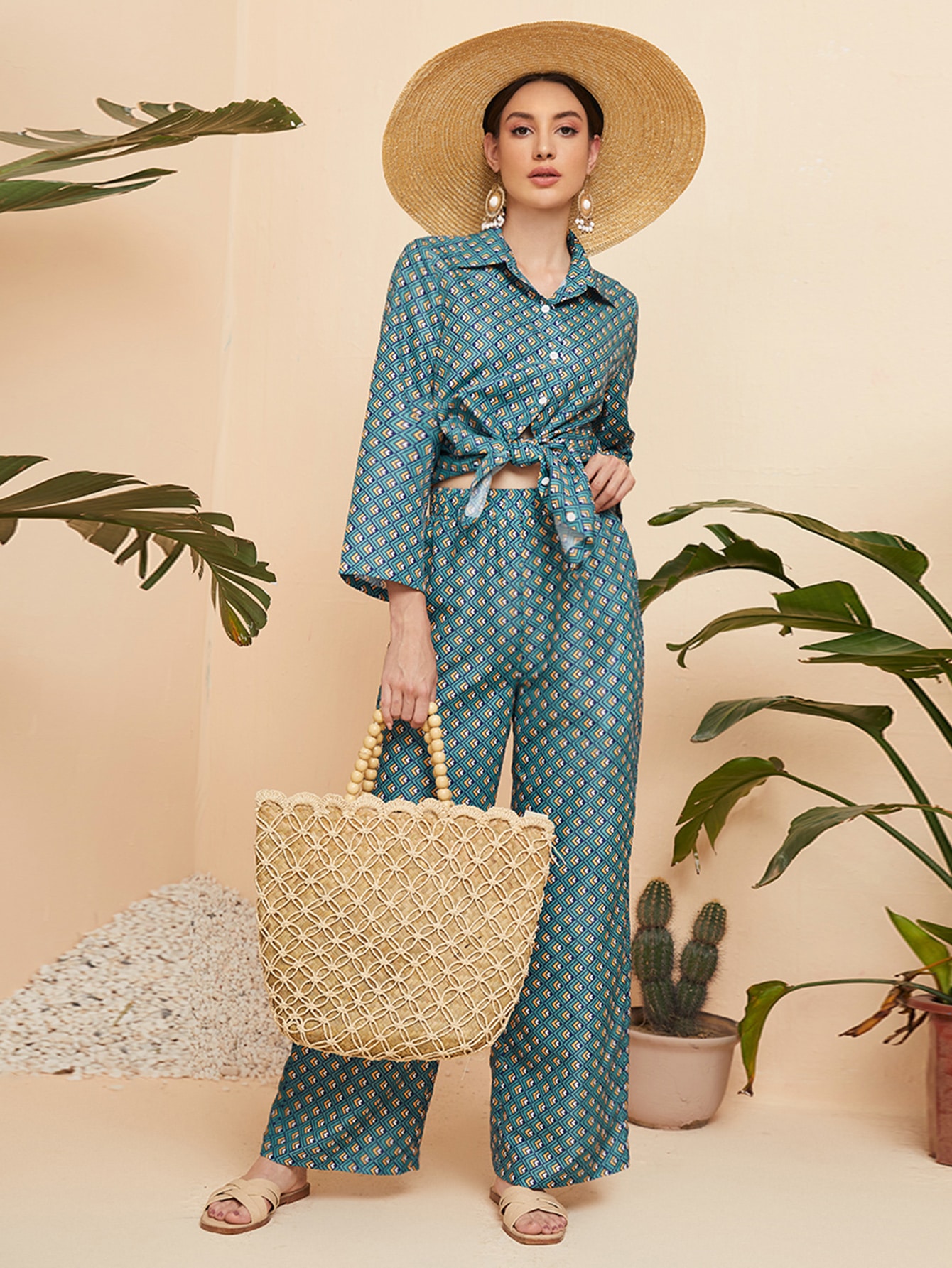 Allover Print Blouse With Pants