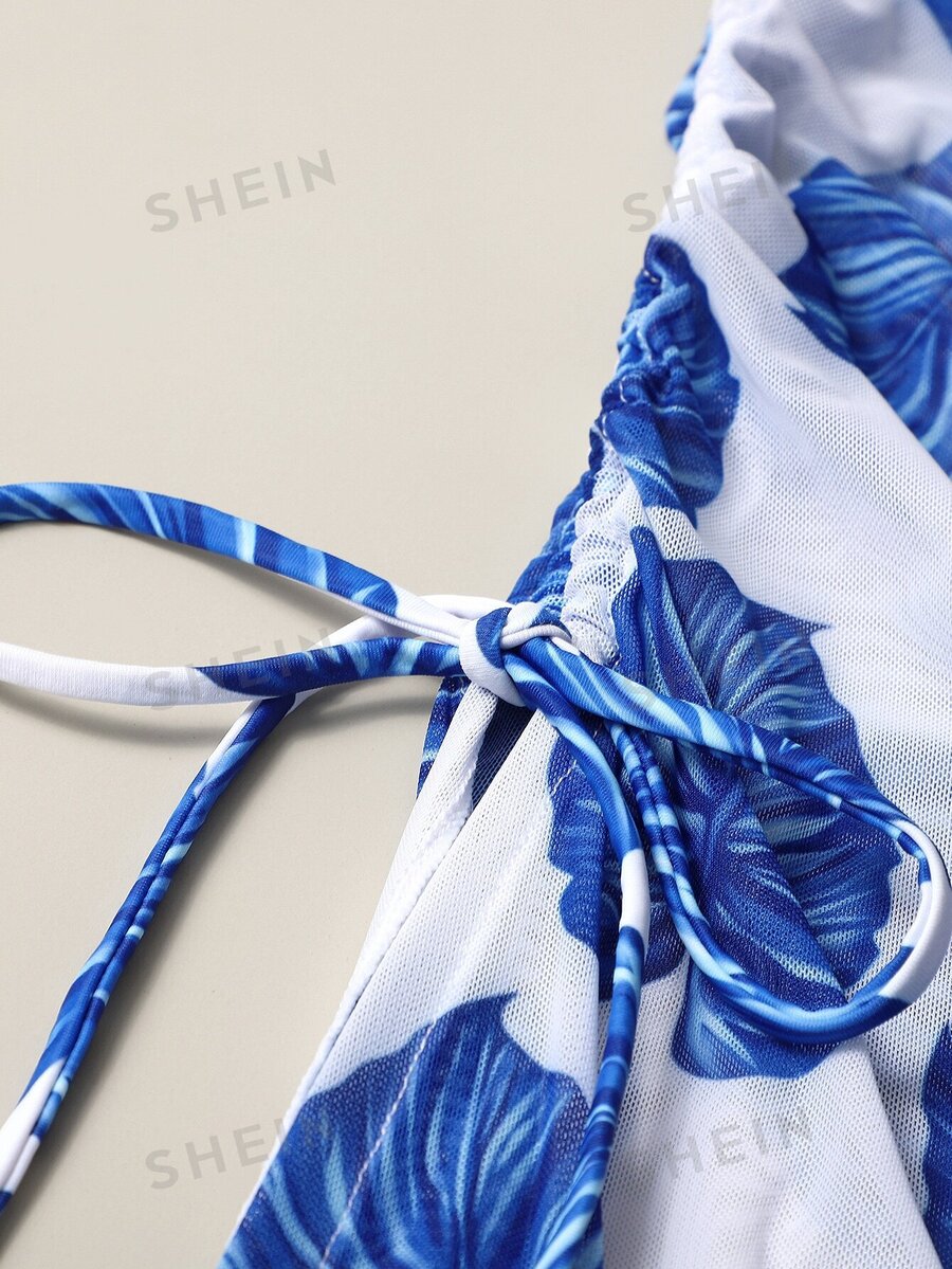 SHEIN Swim Summer Beach Leaf Print Drawstring Side Cover Up | SHEIN USA