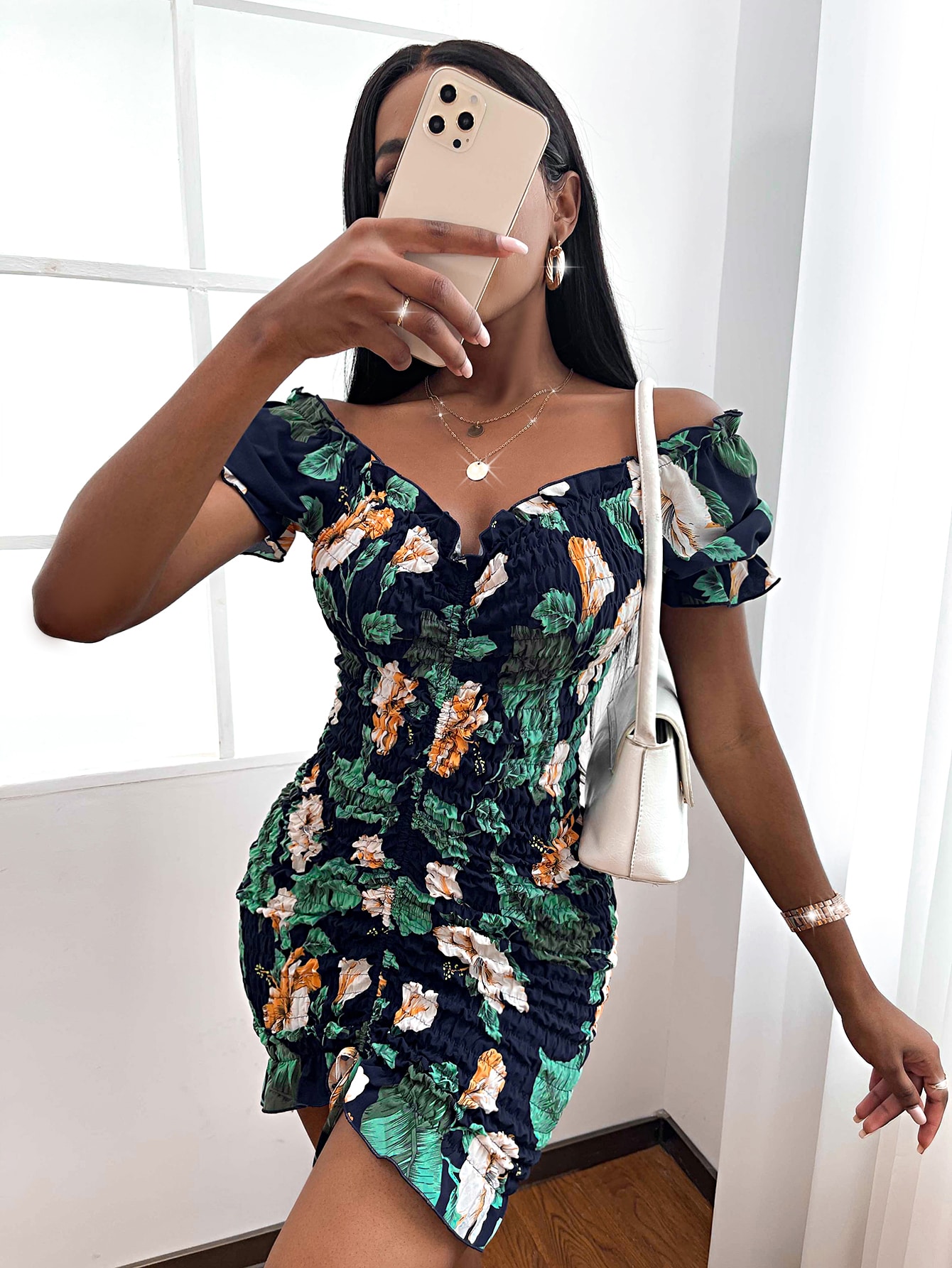 Shein Sxy Allover Floral Shirred Drawstring Front Bodycon Dress | Shein Usa