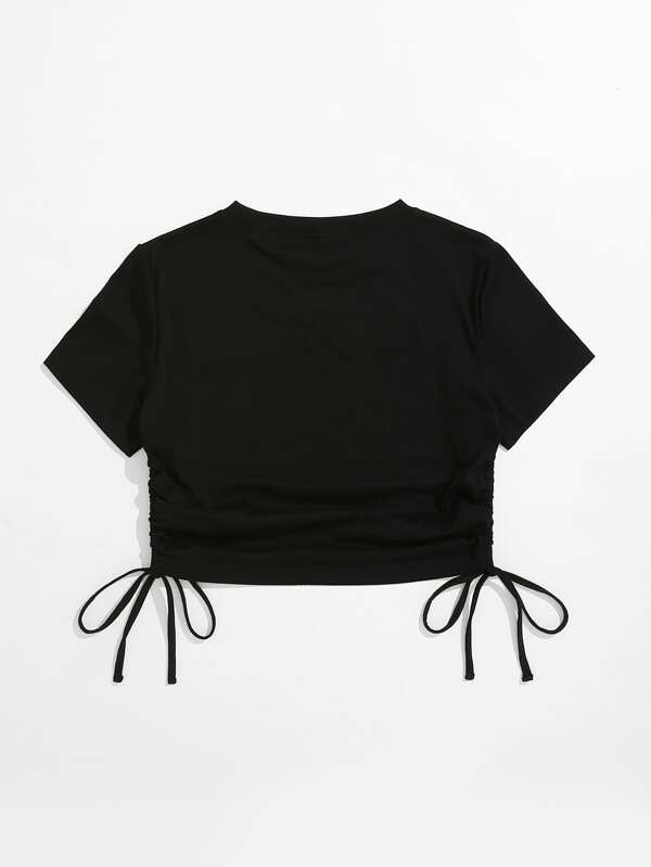 Camiseta Corta Con Estampado De Letra Con Cordón Lateral Moda De