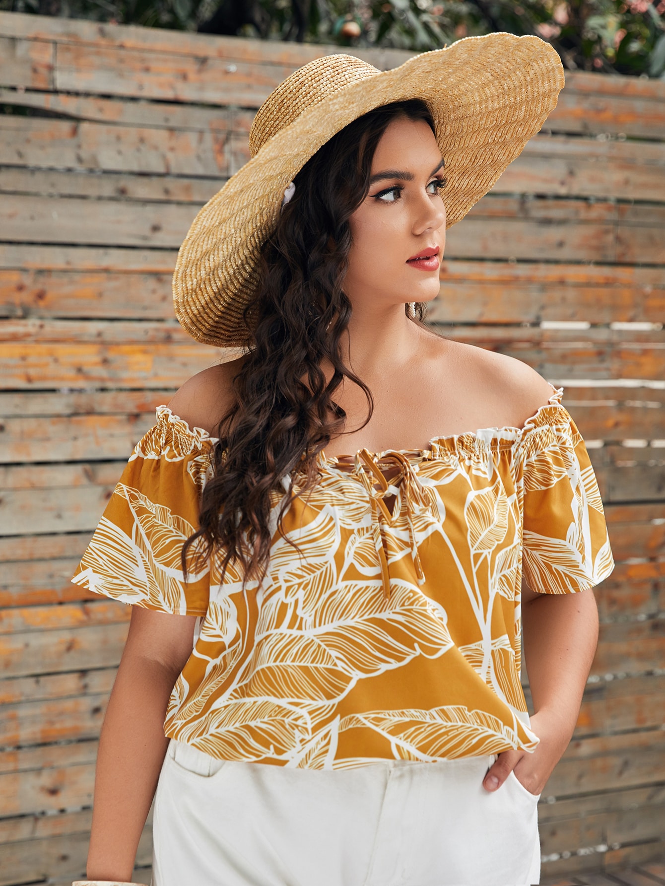 Plus Off Shoulder Lace Up Tropical Print Top