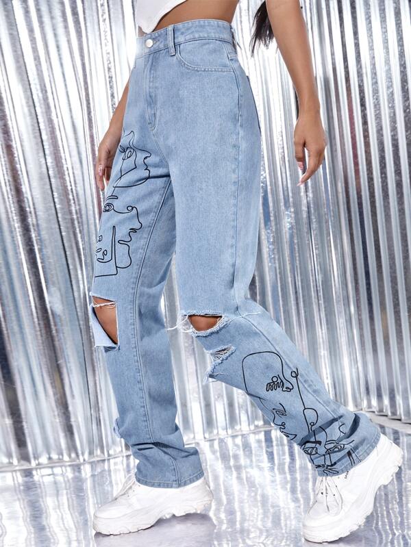 SHEIN ICON Face Line Art Ripped Jeans | SHEIN UK