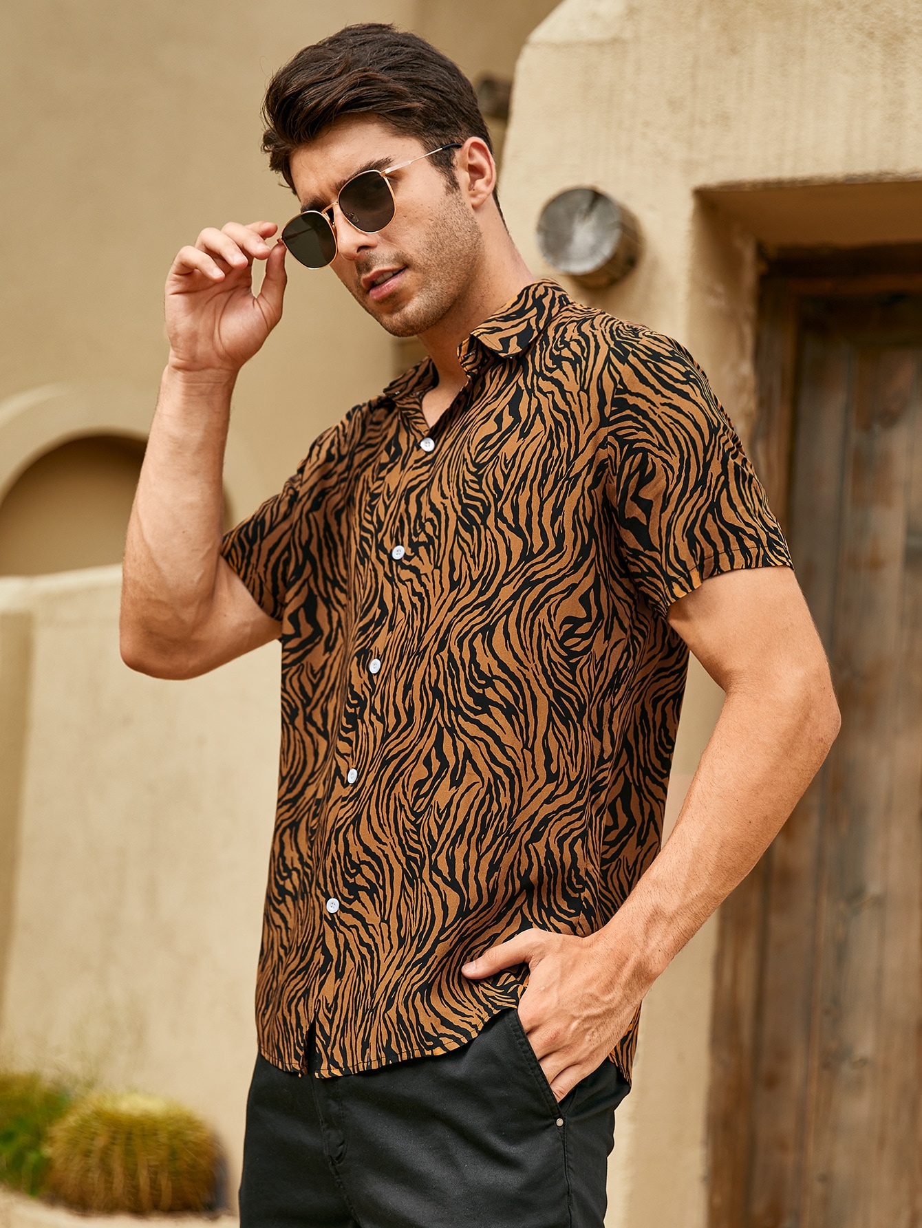 Men Zebra Striped Button Up Shirt