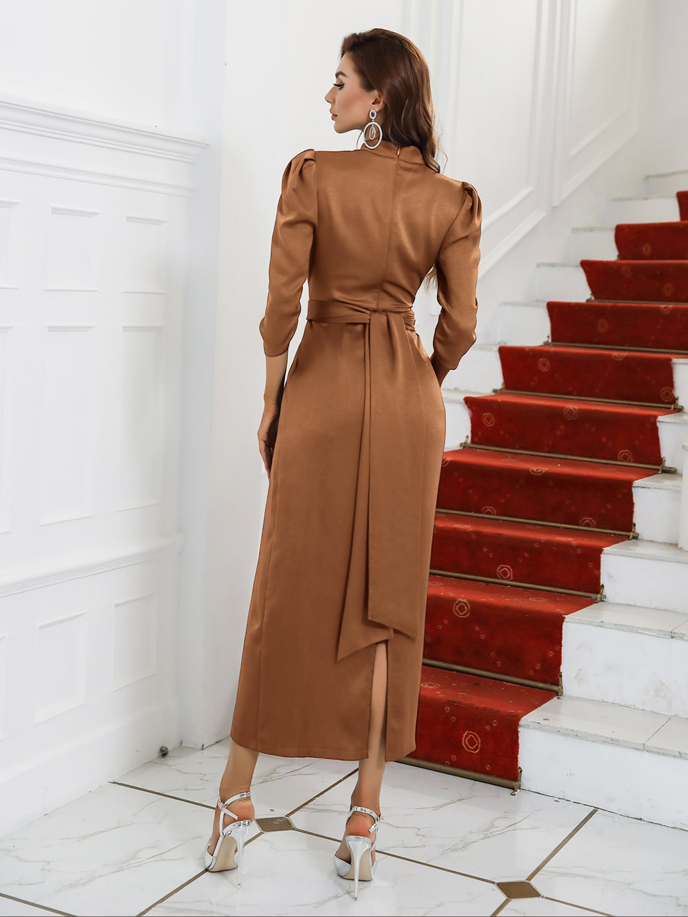 SHEIN Modely Solid Mock Neck Satin Dress | SHEIN USA