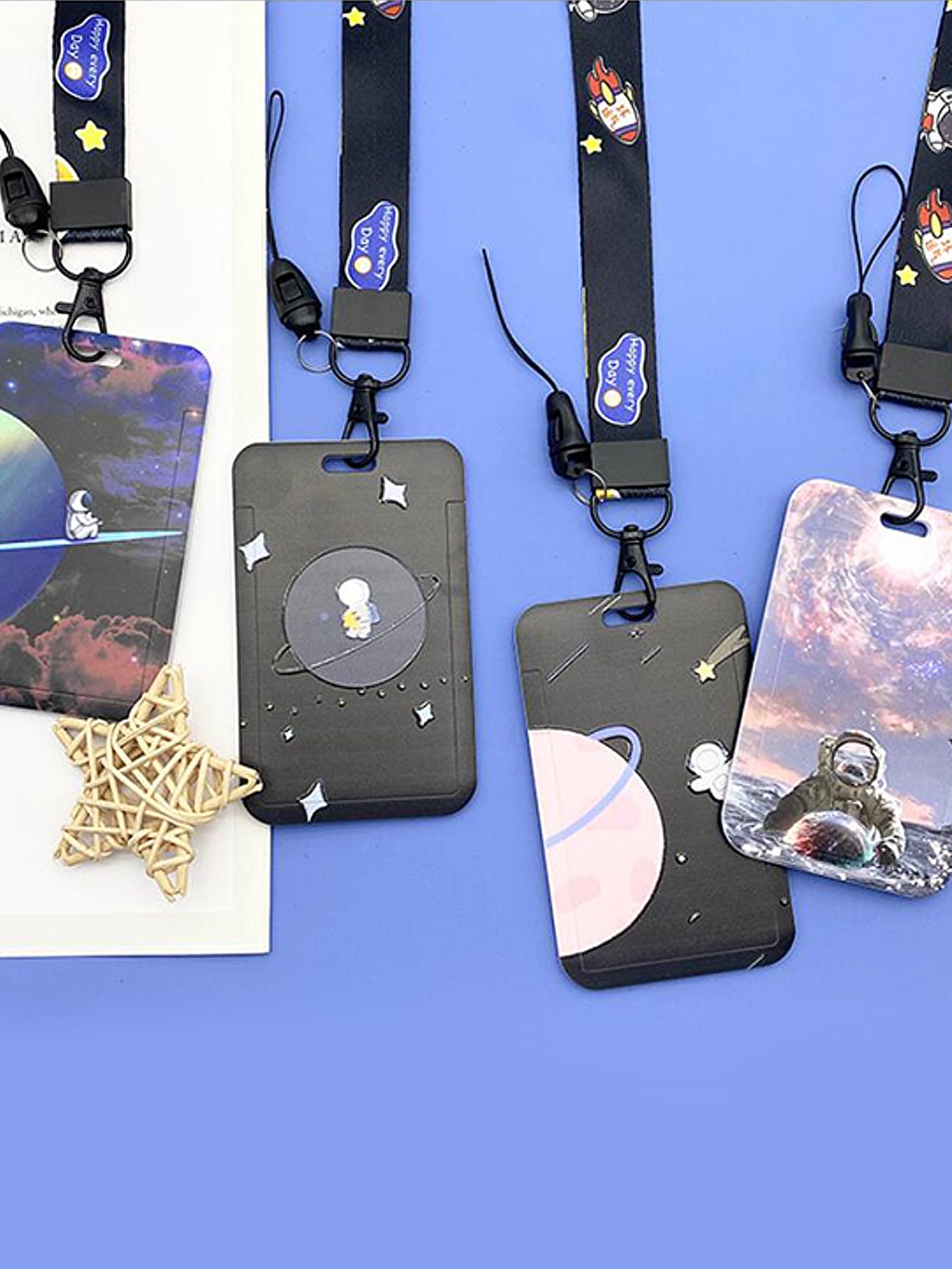 1pc Astronaut Print Card Cover With Lanyard