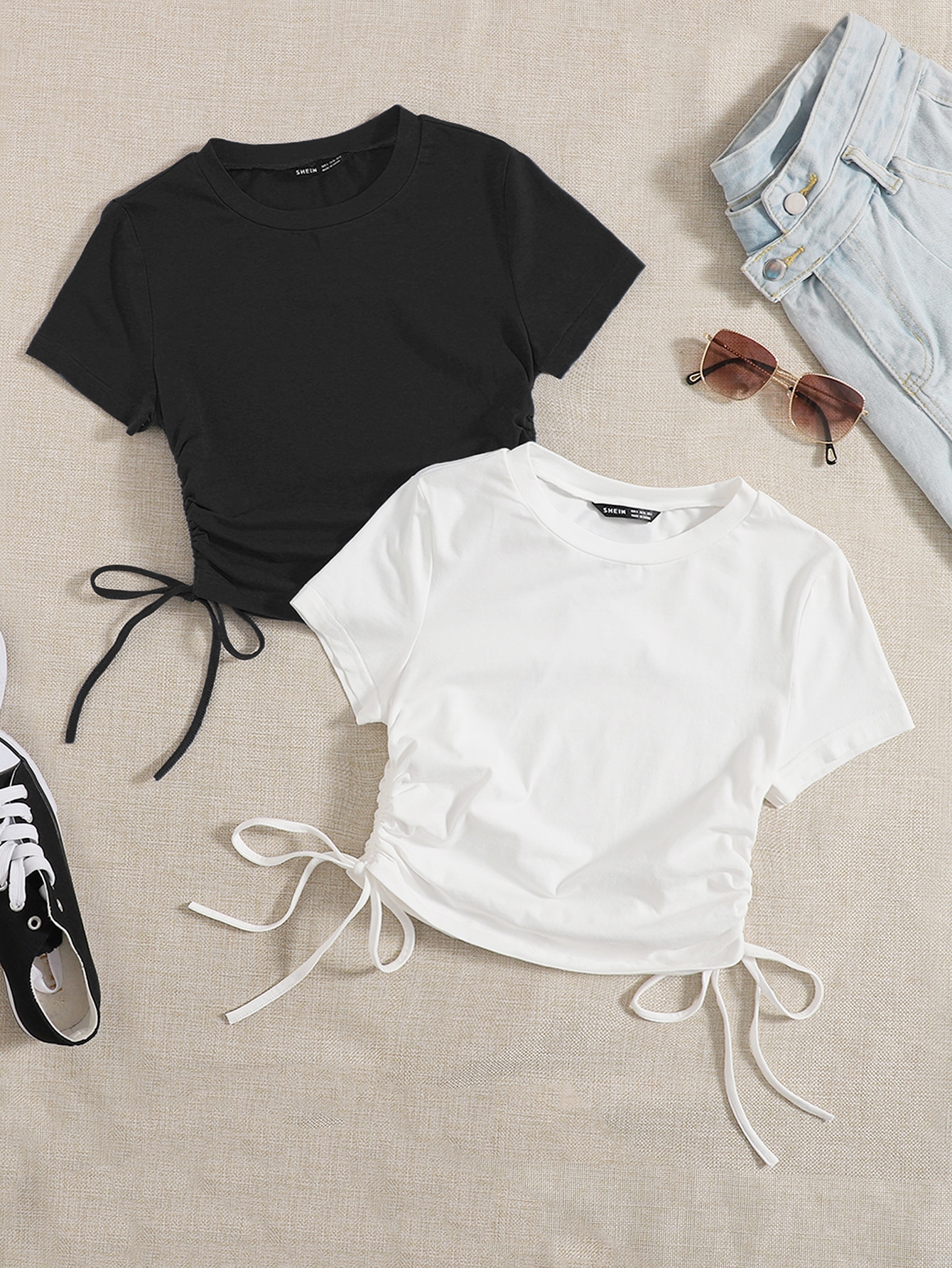 SHEIN Qutie 2 Pack Ruched Drawstring Side Tee | SHEIN UK